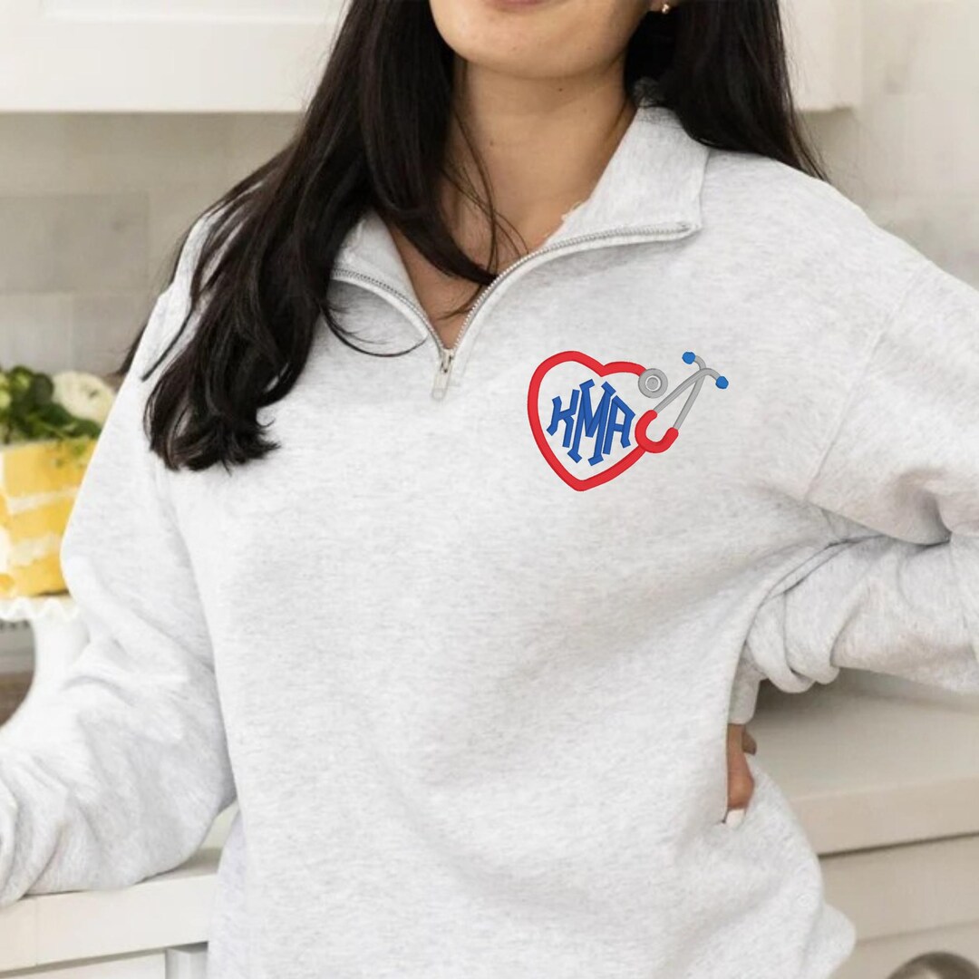 Monogrammed Nurse Heart Shaped Stethoscope Quarter Zip Sweatshirt With ...