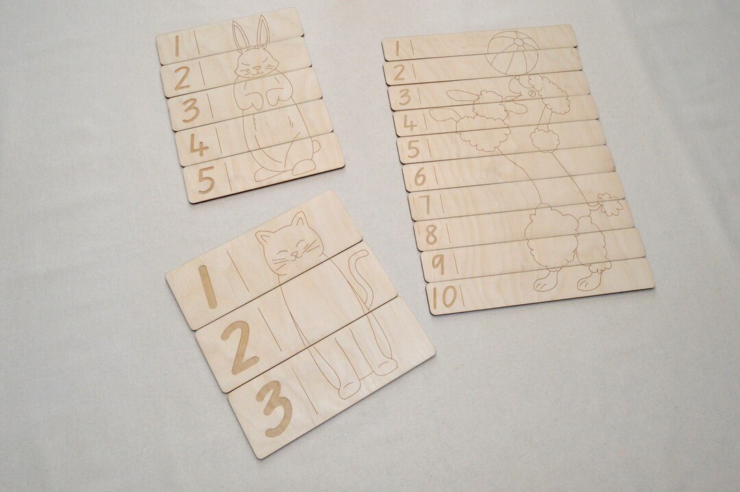 Wooden Puzzles Bundle Set Sequence Numbers and Animals Movable Tracing ...