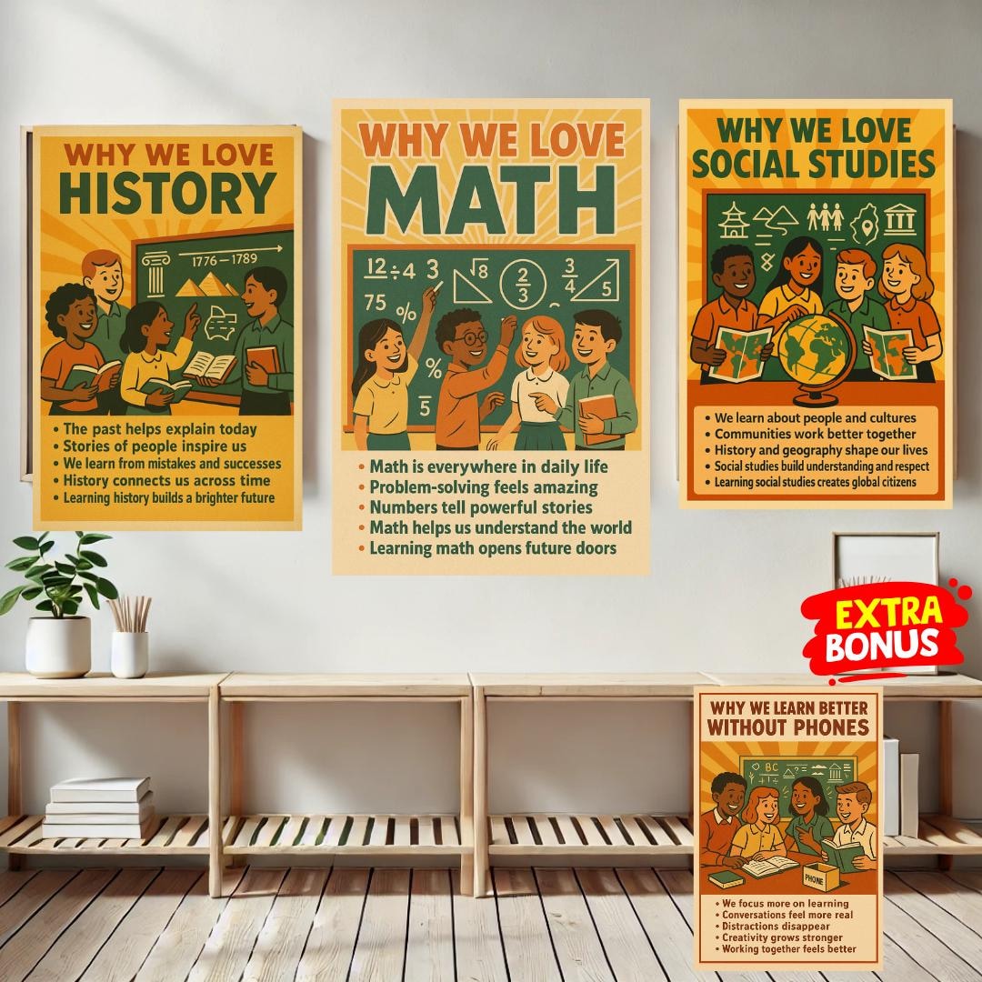 Retro Classroom Poster Set | Math, History, Social Studies (digital ...