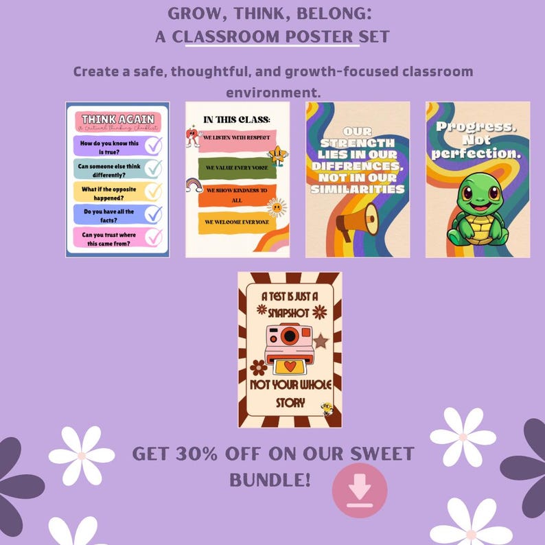 Grow Think Belong - Classroom Poster Set - SEL Bulletin Board Decor ...