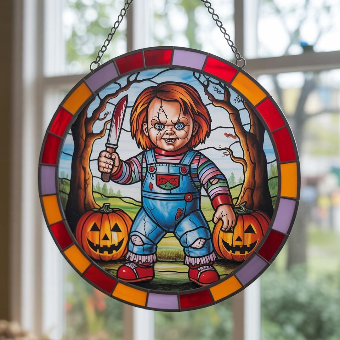 Chucky Stained Glass Suncatcher, Halloween Horror Window Hanging, Child ...