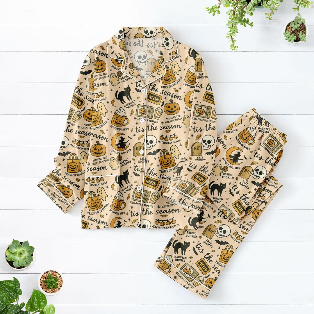 Halloween Pumpkin Pajamas Set, Boo Black Cat Sleepwear, Spooky Themed ...