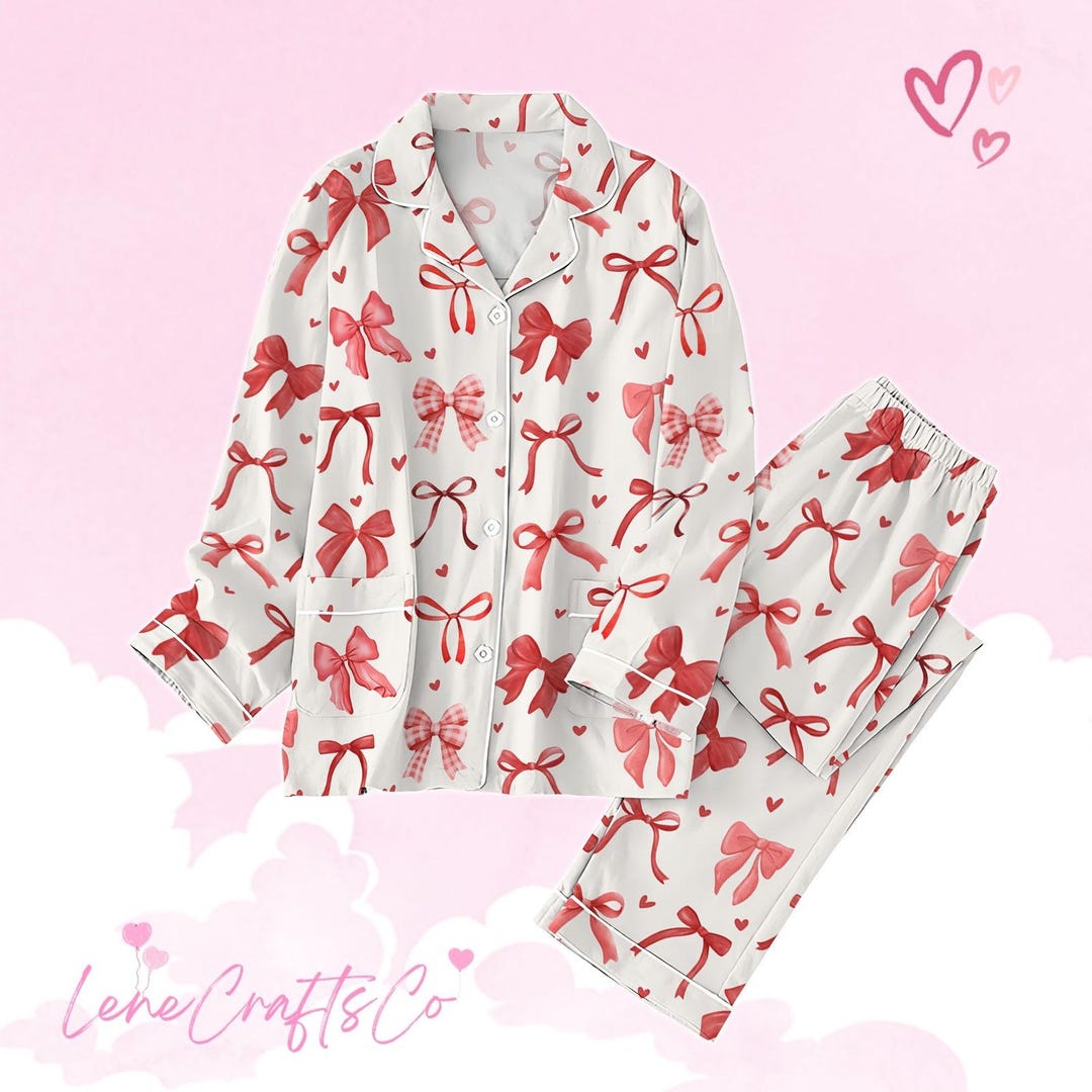 Cute Coquette Valentine's Pajamas, Red Coquette Bow Pajamas for Party ...