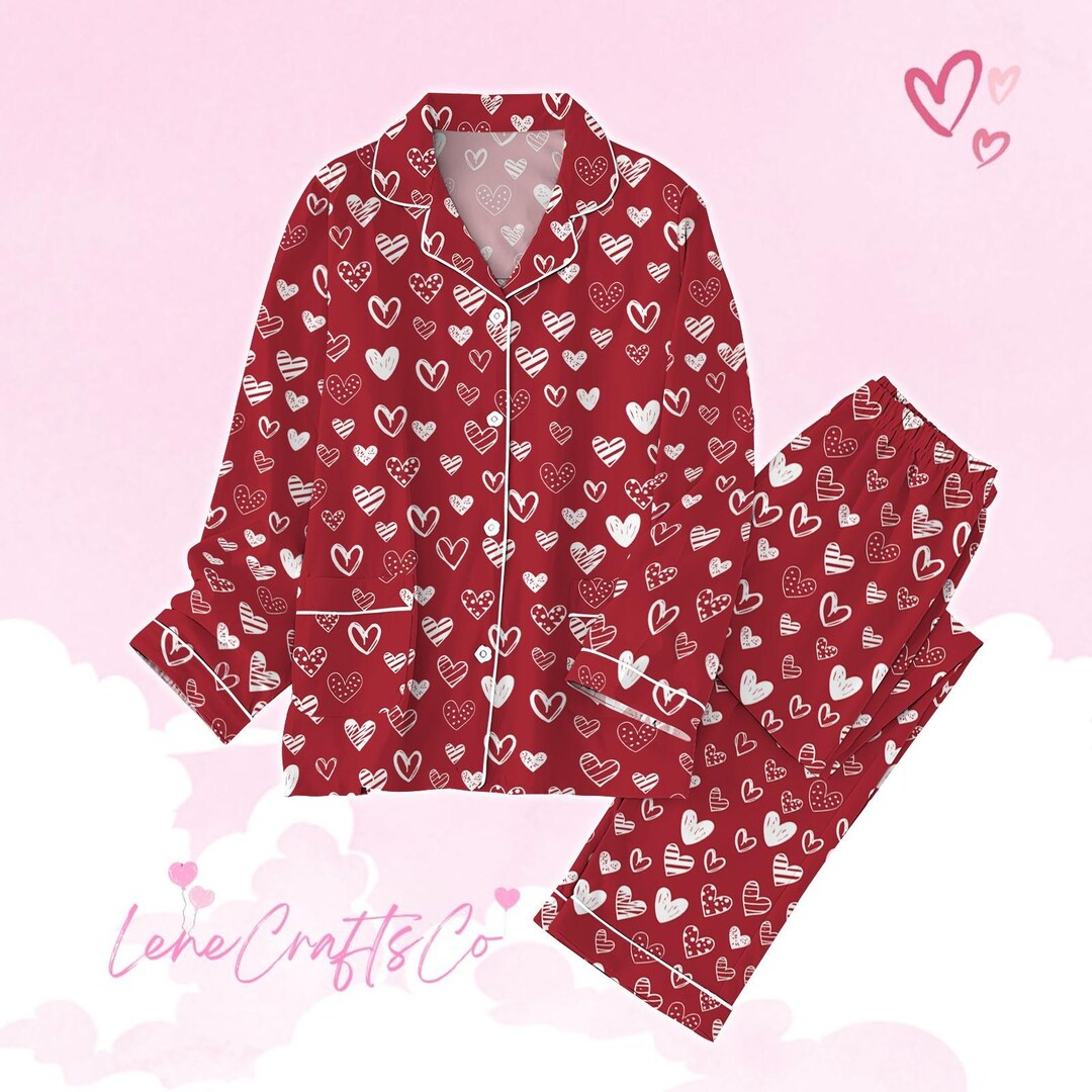 Cute Heart Pajamas Christmas, Women's Valentines Hearts Pajama Set ...