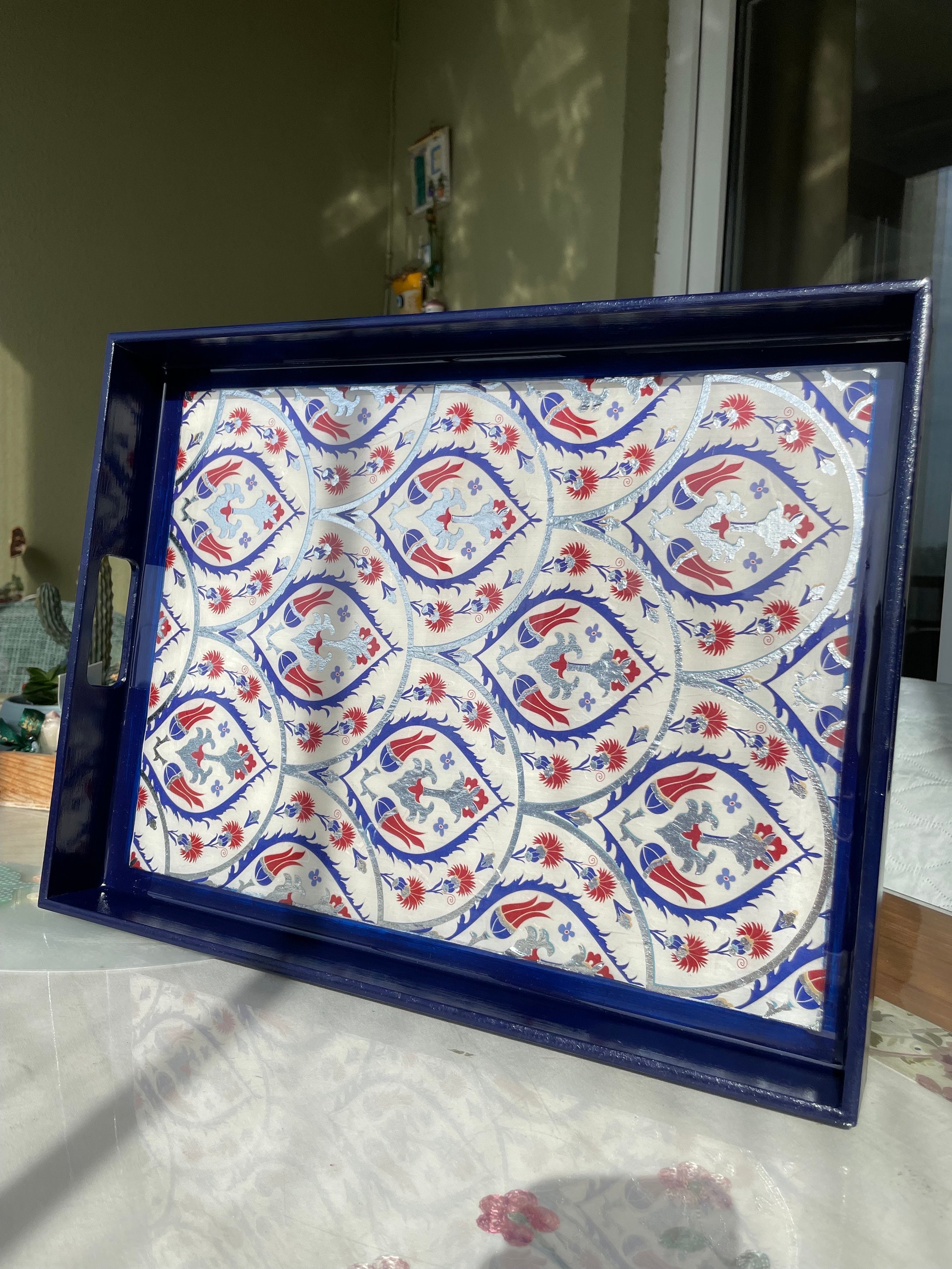 Handmade Wooden Serving Tray: Ottoman Pattern, Blue & White - Etsy