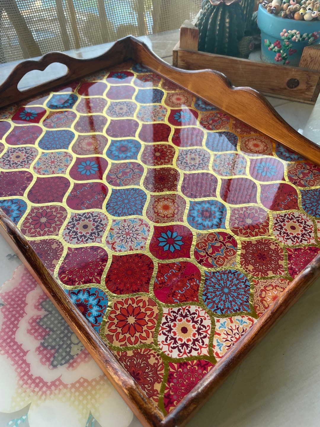 Handmade Wooden Serving Tray: Ottoman Pattern, Epoxy Resin Art - Etsy
