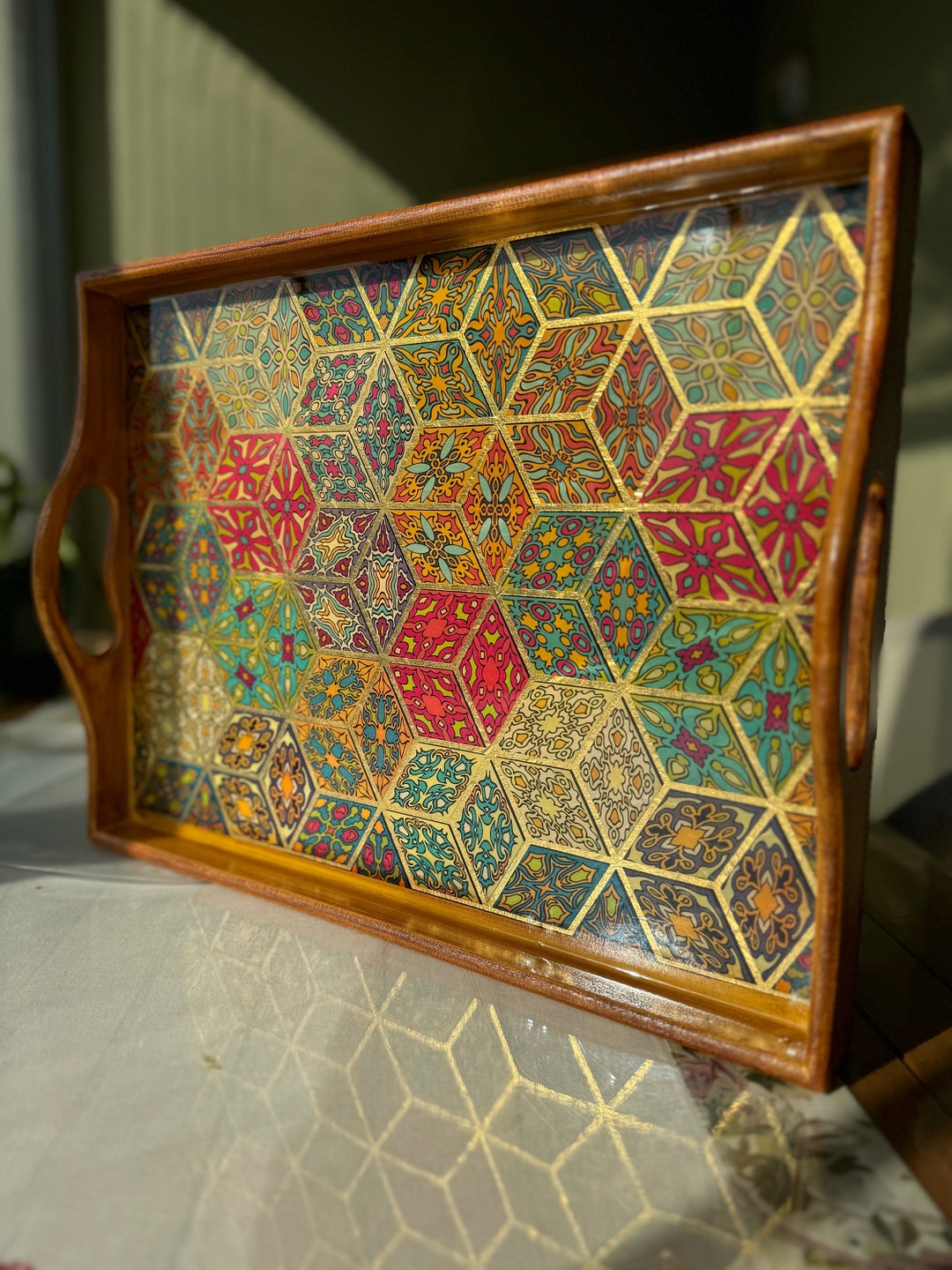 Handmade Wooden Serving Tray | Ottoman Pattern Resin Art - Etsy