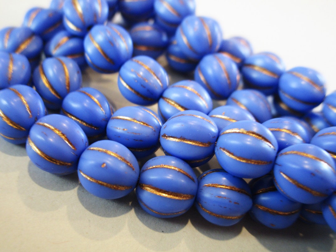 8mm Melon Blue Indigo With Brown Wash Czech Beads Fluted Round - Etsy