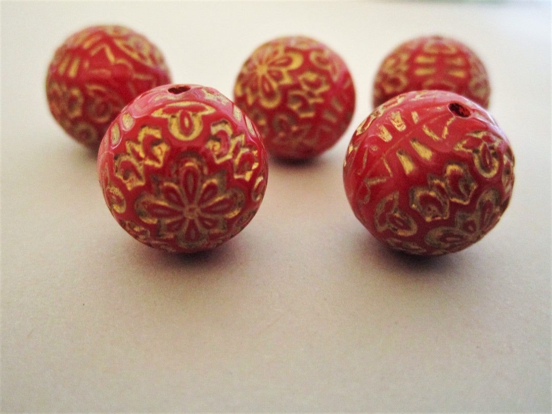 14mm Round Opaque Red Gold Inlay Ornate Floral Carved Acrylic Beads ...