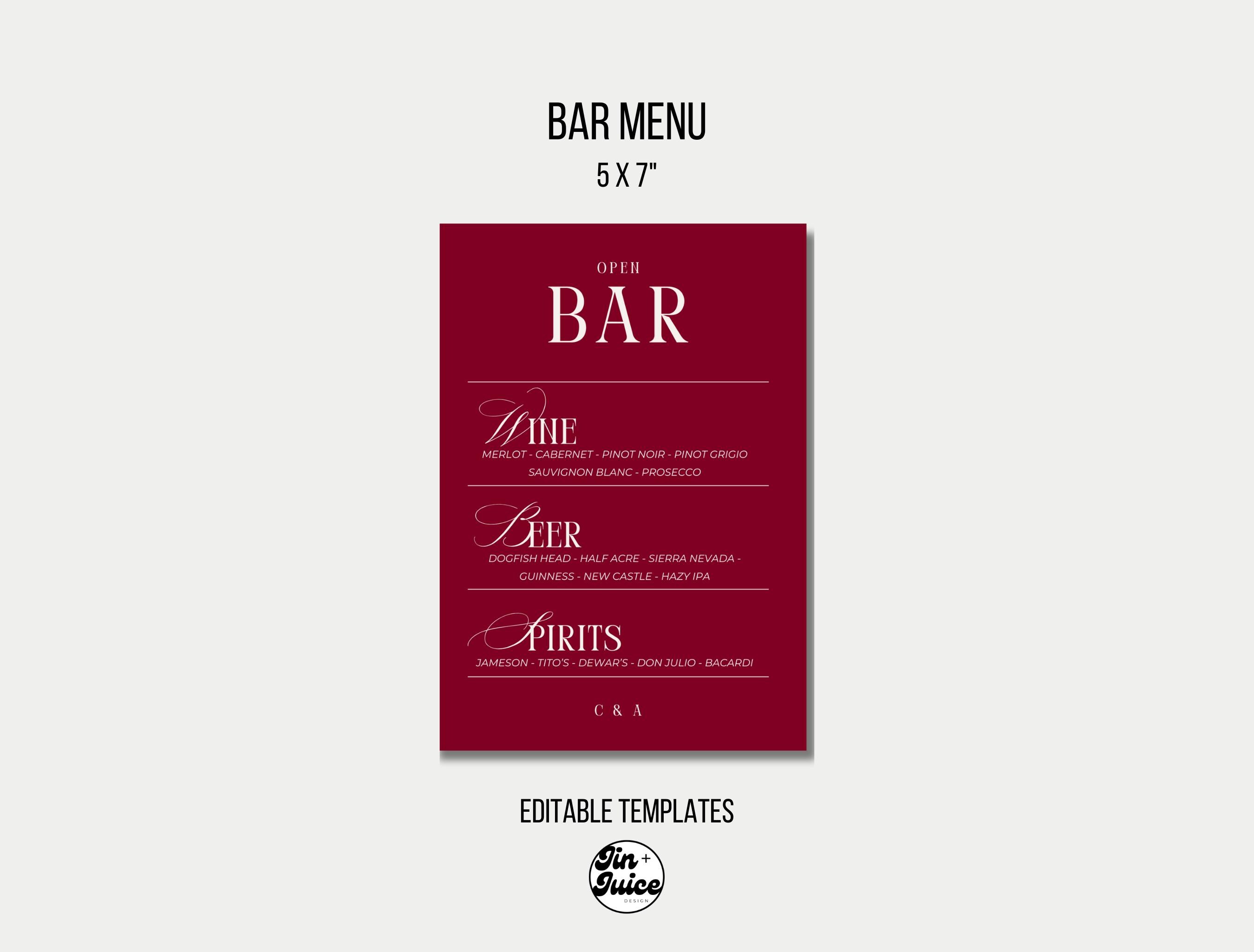 Elegant Wedding Bar Menu Template • Retro Red & Cream (canva Digital ...