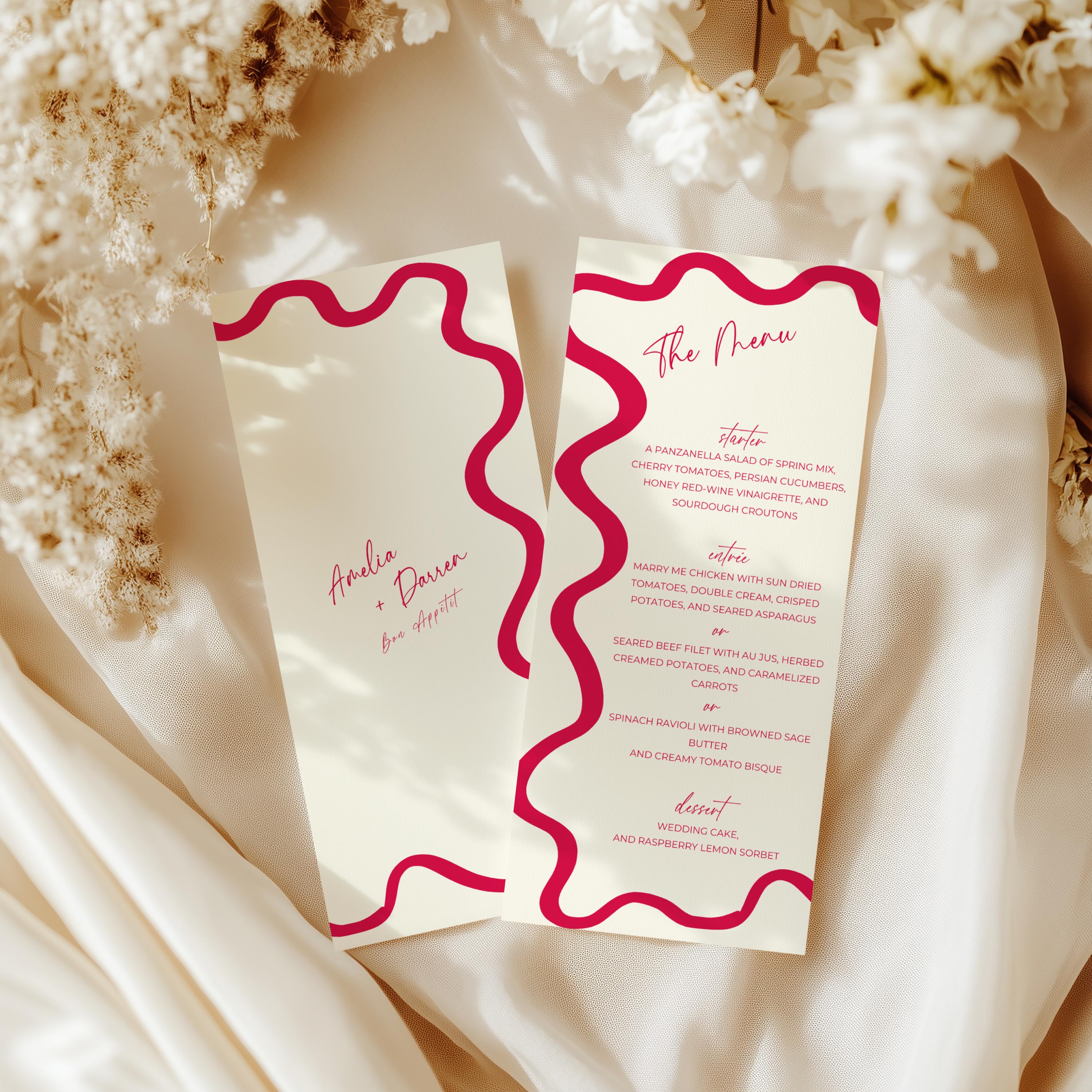 Retro Wavy Wedding Dinner Menu Template, Printable Canva Colorful ...