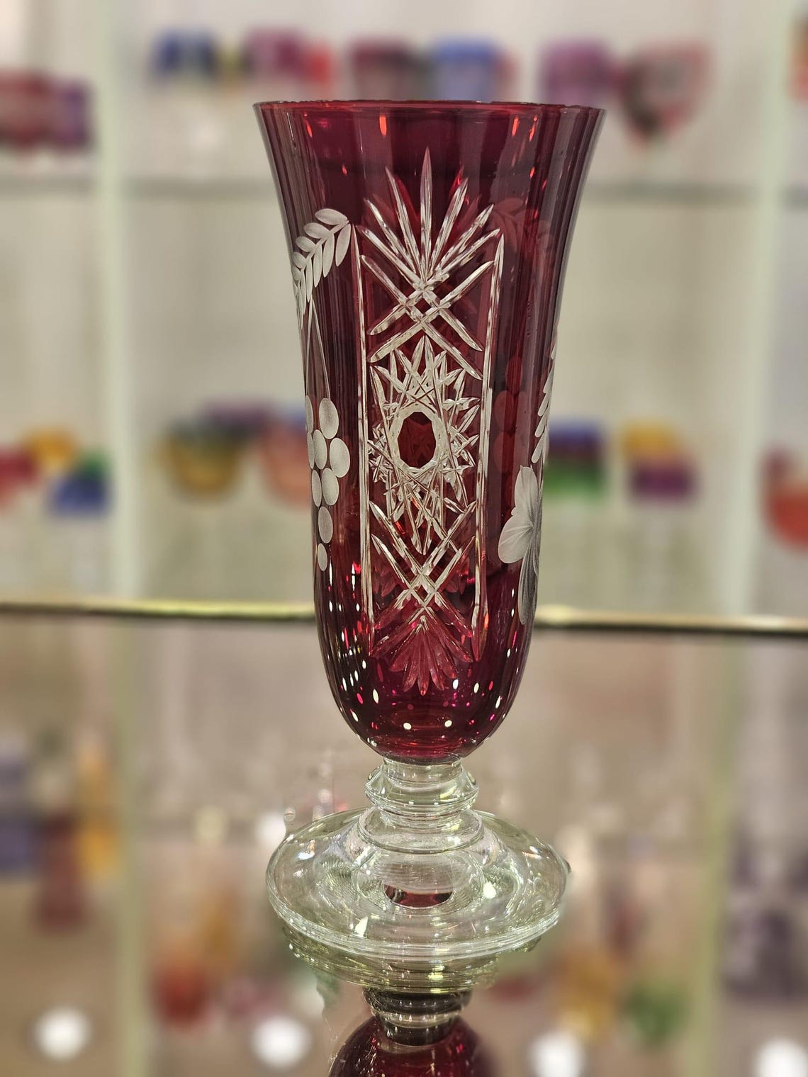 Vintage Bohemian Rona Crystal Wine Glass - Hand Painted Etched Red Cut ...