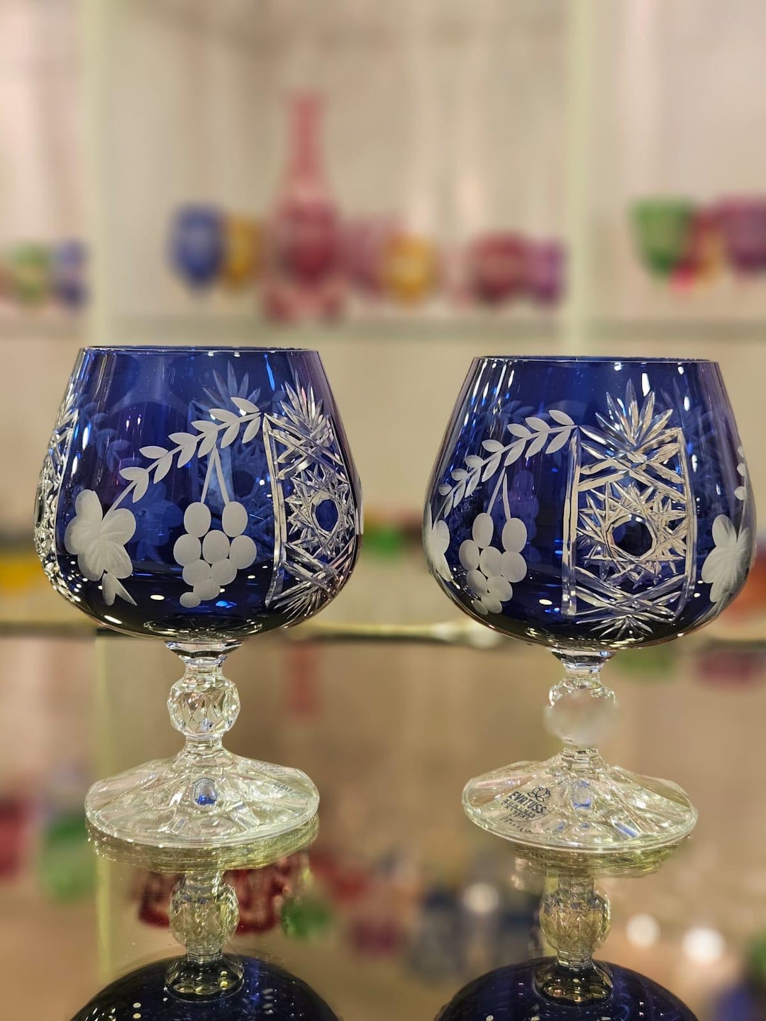 Handcrafted Bohemian Sterna Crystal Cognac Glass - Blue Etched Design ...