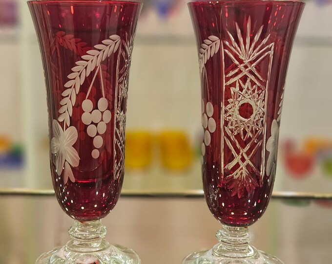Vintage Bohemian Rona Crystal Wine Glass - Hand Painted Etched Red Cut ...