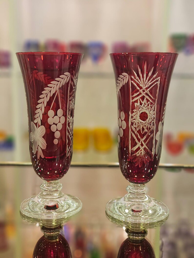 Vintage Bohemian Rona Crystal Wine Glass - Hand Painted Etched Red Cut ...