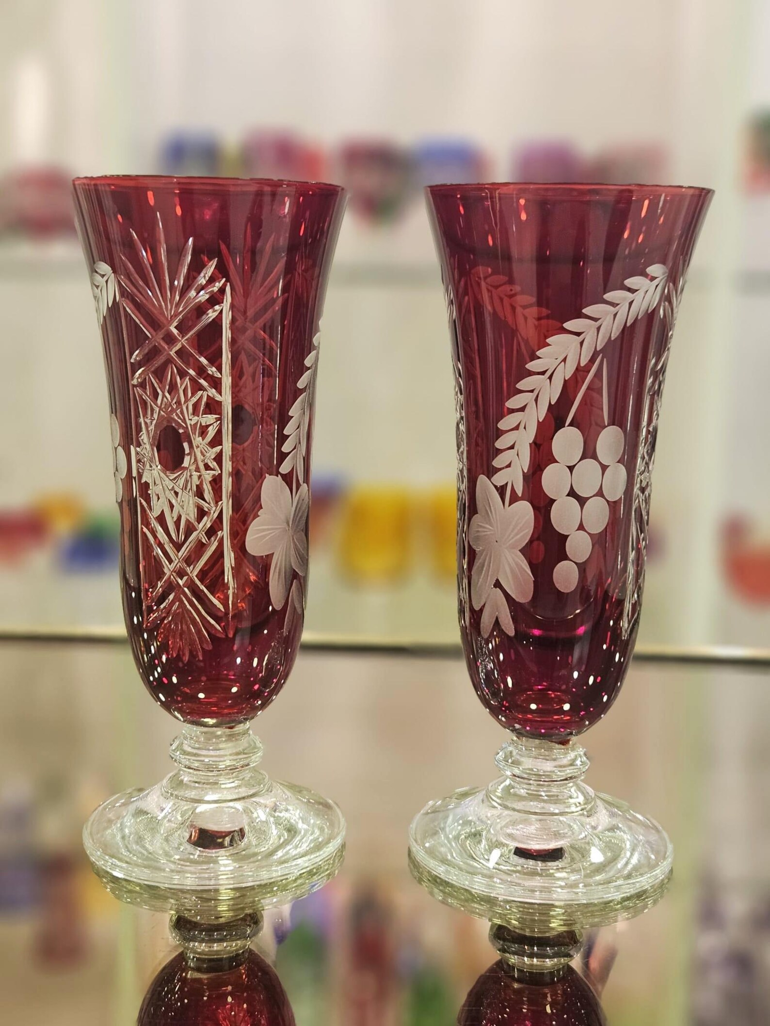 Vintage Bohemian Rona Crystal Wine Glass - Hand Painted Etched Red Cut ...