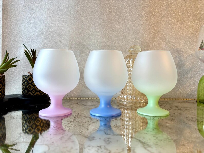Handcrafted Frosted Glass Wine Goblet - 390ml Stemmed Pastel Colored ...