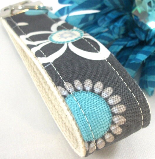 Funky Floral Keyfob in Grey and Turquoise - Etsy