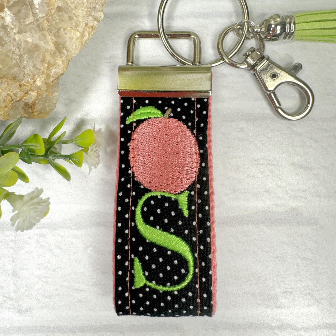 Peach Keychain, Embroidered Keychain, Polka Dots, Peaches, Initial ...