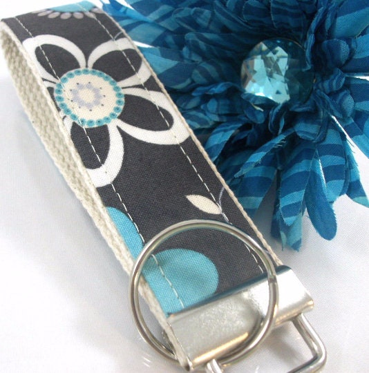 Funky Floral Keyfob in Grey and Turquoise - Etsy