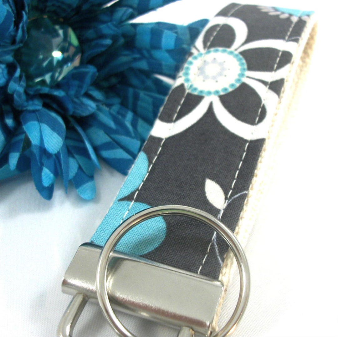 Funky Floral Keyfob in Grey and Turquoise - Etsy