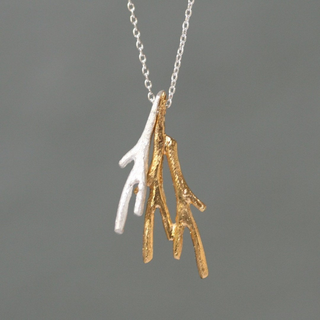 Tiny Triple Branch Necklace in Sterling Silver and Gold Vermeil - Etsy