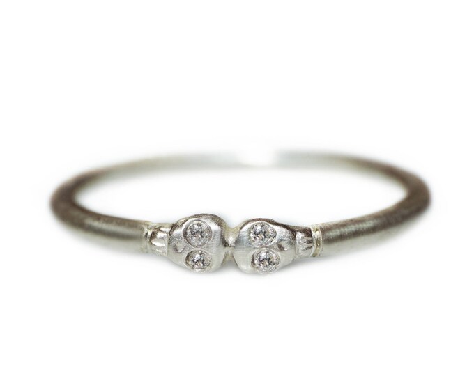Mini Double Baby Skull Ring in Sterling Silver With 4 Diamond Eyes - Etsy
