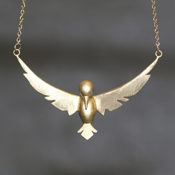 Winged Bird Necklace in Brass With Sapphire Eyes Etsy