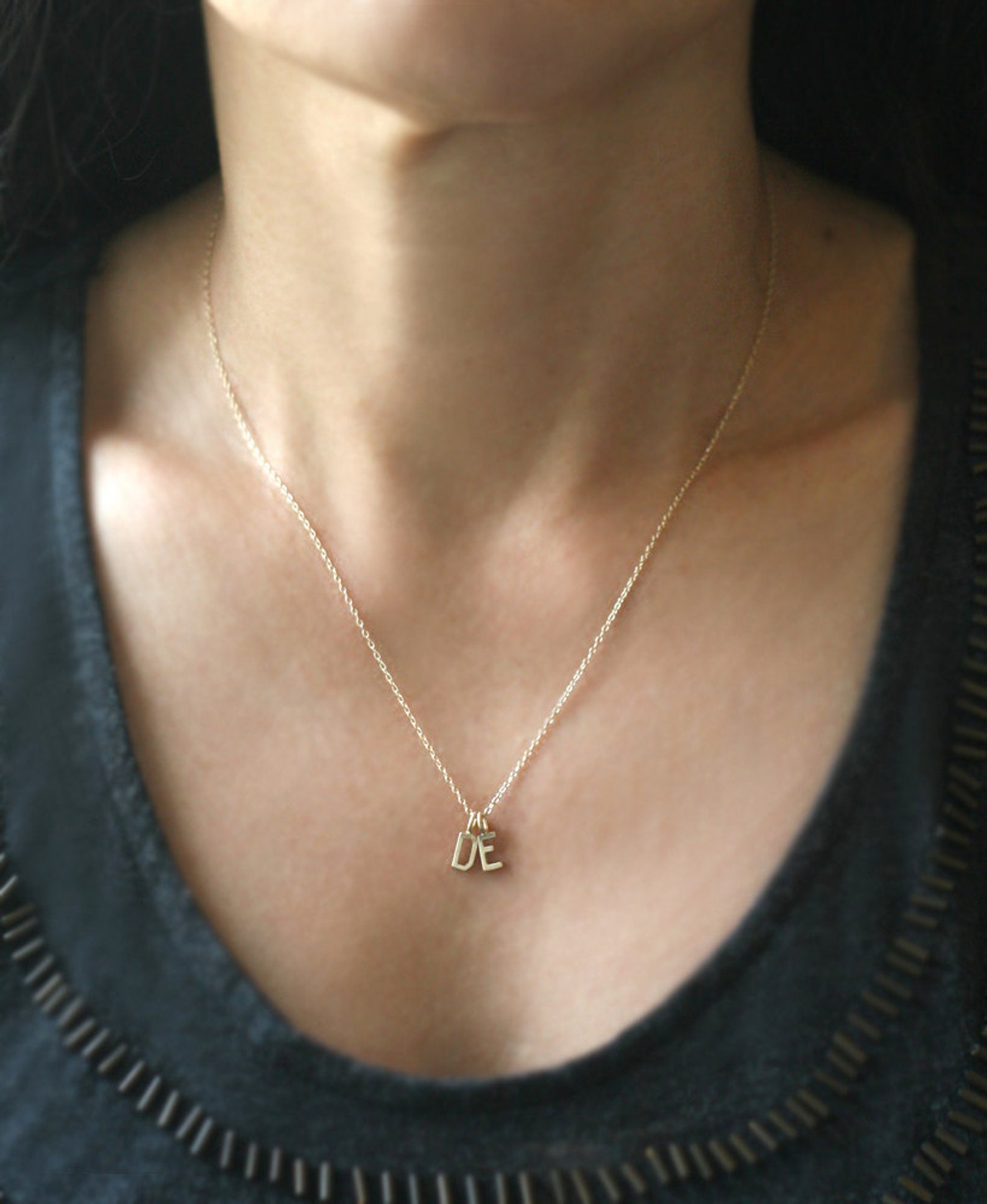 Double Block Letter Initial Necklace in 14k Gold - Etsy