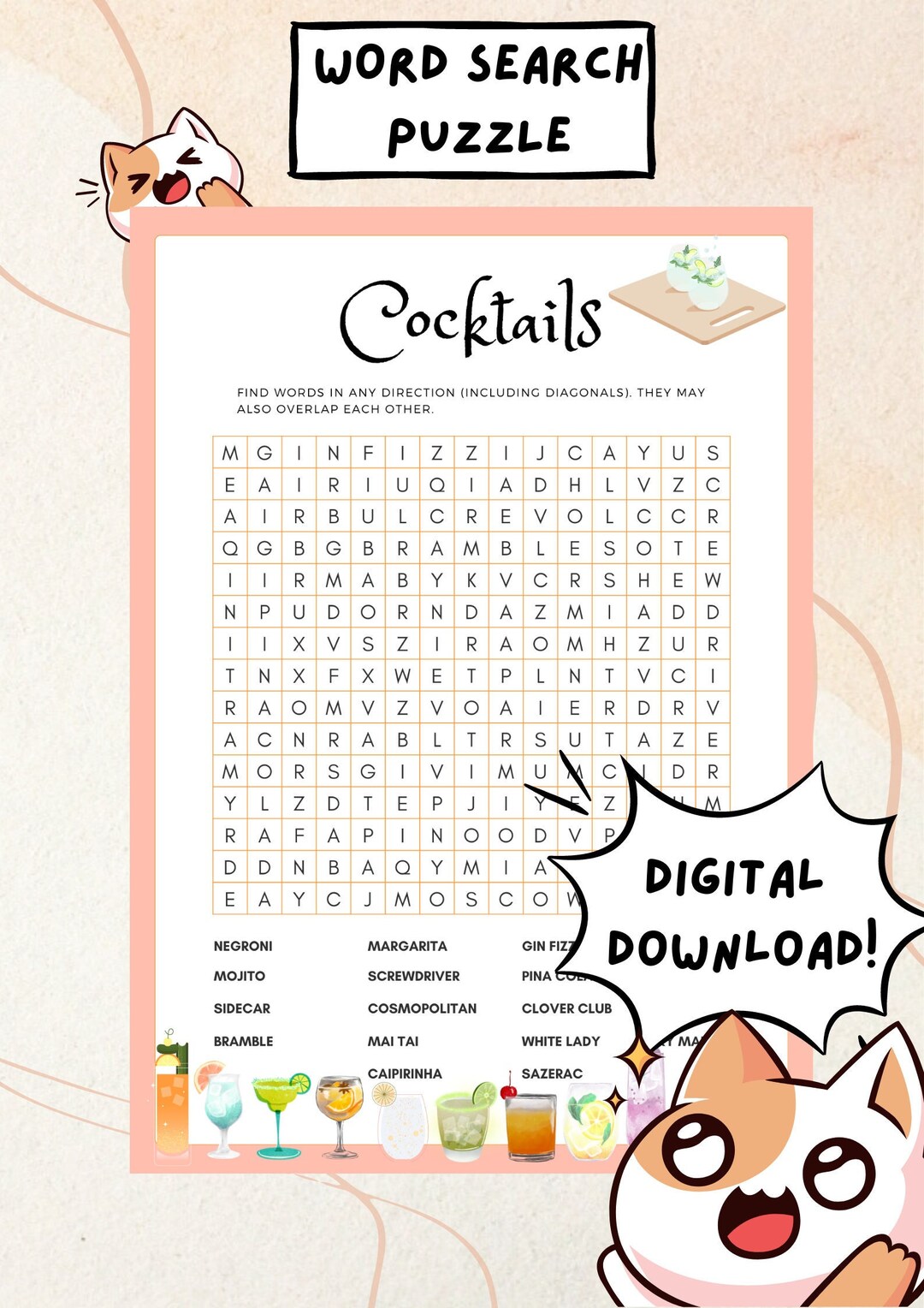 Cocktails Puzzle, Fun Word Search, Brain Teaser, Playtime Puzzle, Class ...