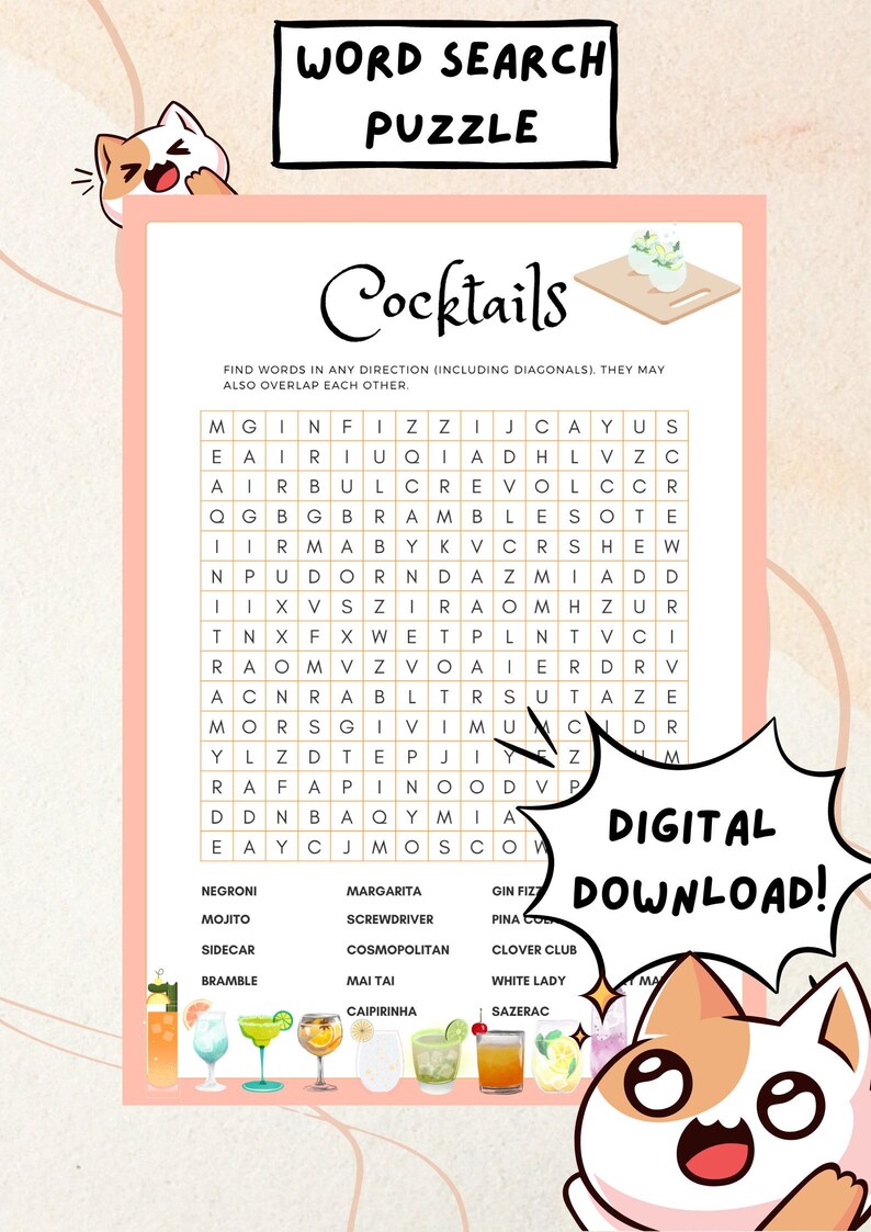 Cocktails Puzzle, Fun Word Search, Brain Teaser, Playtime Puzzle, Class ...