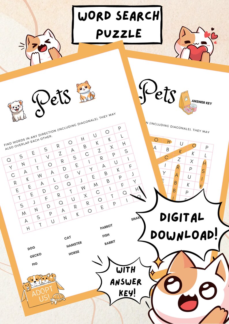 Pets Word Search Puzzle for Kids, Printable Game, Class Activity ...