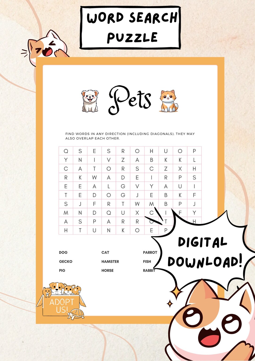 Pets Word Search Puzzle for Kids, Printable Game, Class Activity ...