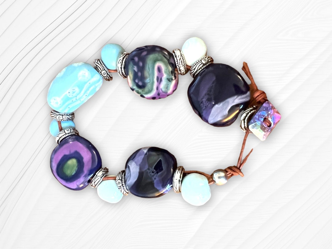 Light Blue and Purple Kazuri Beads and Leather Tigertail Bracelet 7" - Etsy