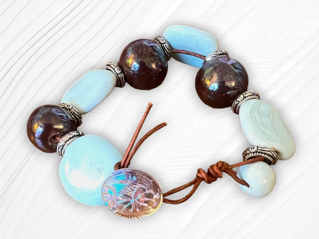 Light Blue and Brown Kazuri Beads and Leather Tigertail Bracelet 7" - Etsy