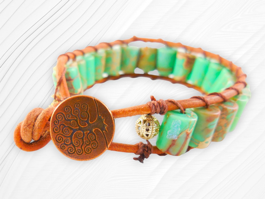Green Jasper and Leather Wrap Bracelet Copper Button - Etsy