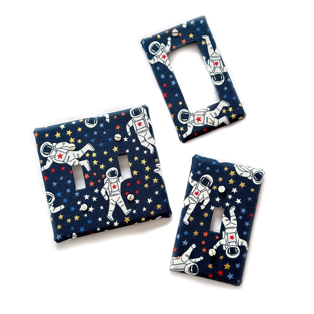 Navy With Astronauts Gold Metallic Stars Fabric Light Switch Plate ...