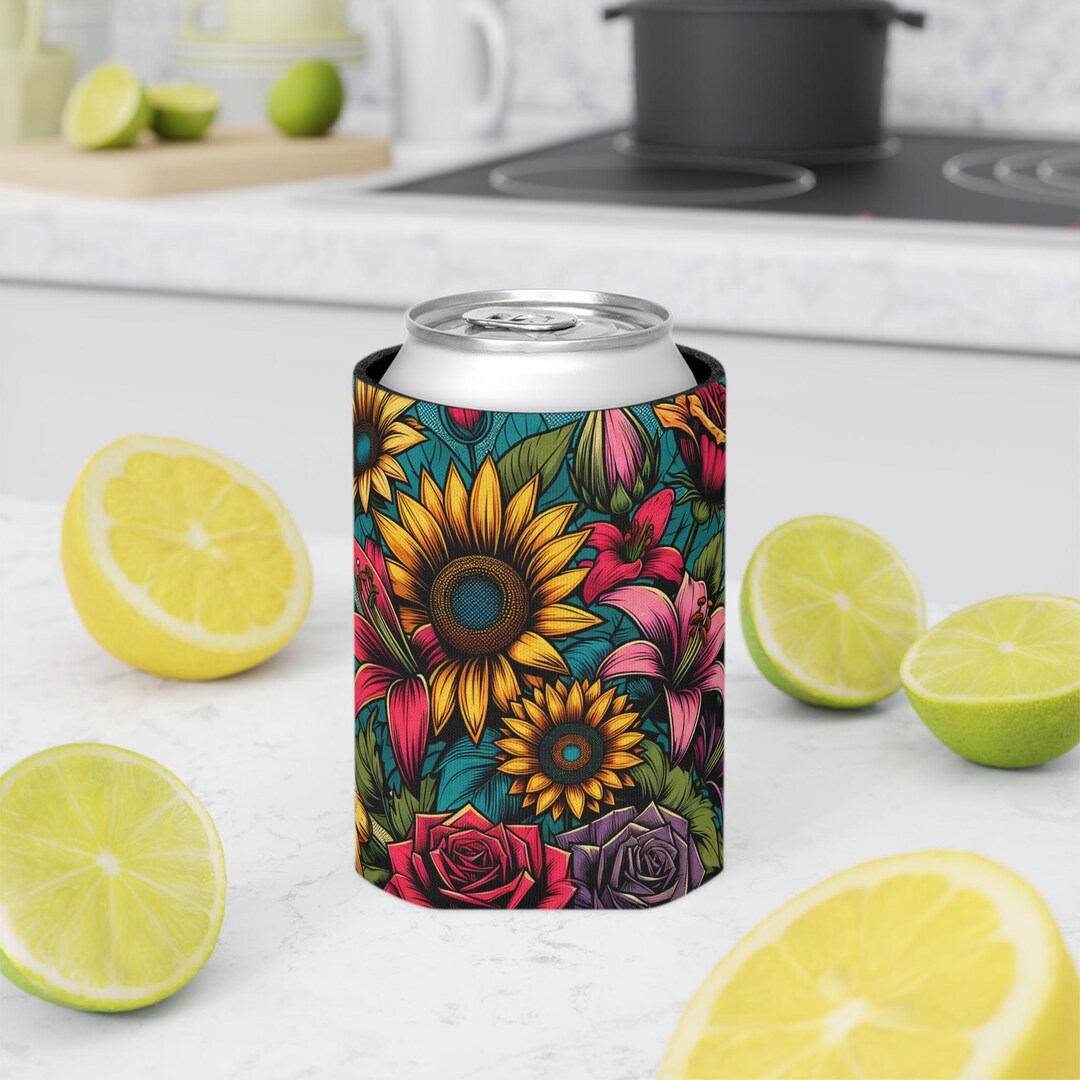 Comic Book Floral Can Cooler - Fun Drink Holder, Unique Beverage Sleeve ...