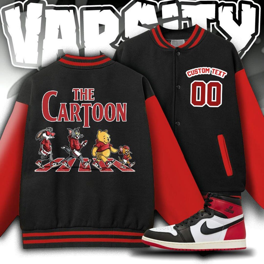 Custom AJ 1 Black Toe Reimagined Unisex Varsity Jacket, the Cartoon ...