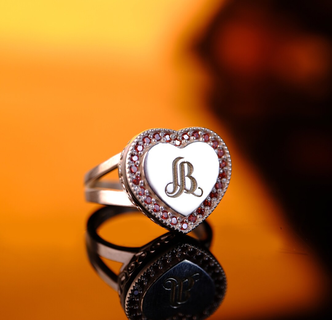 Personalized Heart Frame Ring With Custom Monogram and Gem Detail 14K Solid Gold 10K Solid Gold ...