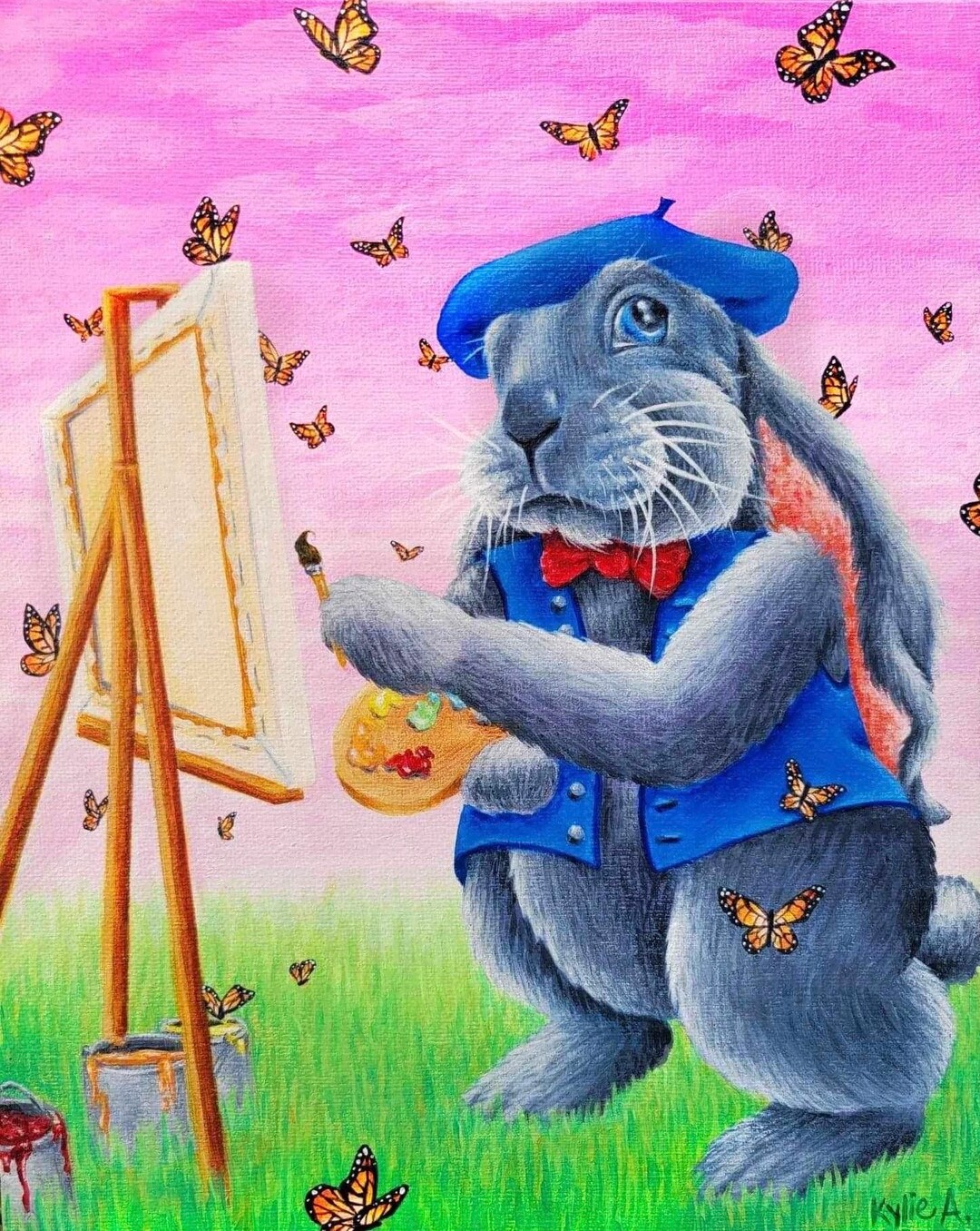 Pink Bunny Painting Original Acrylic Painter Animal Art Monarch ...