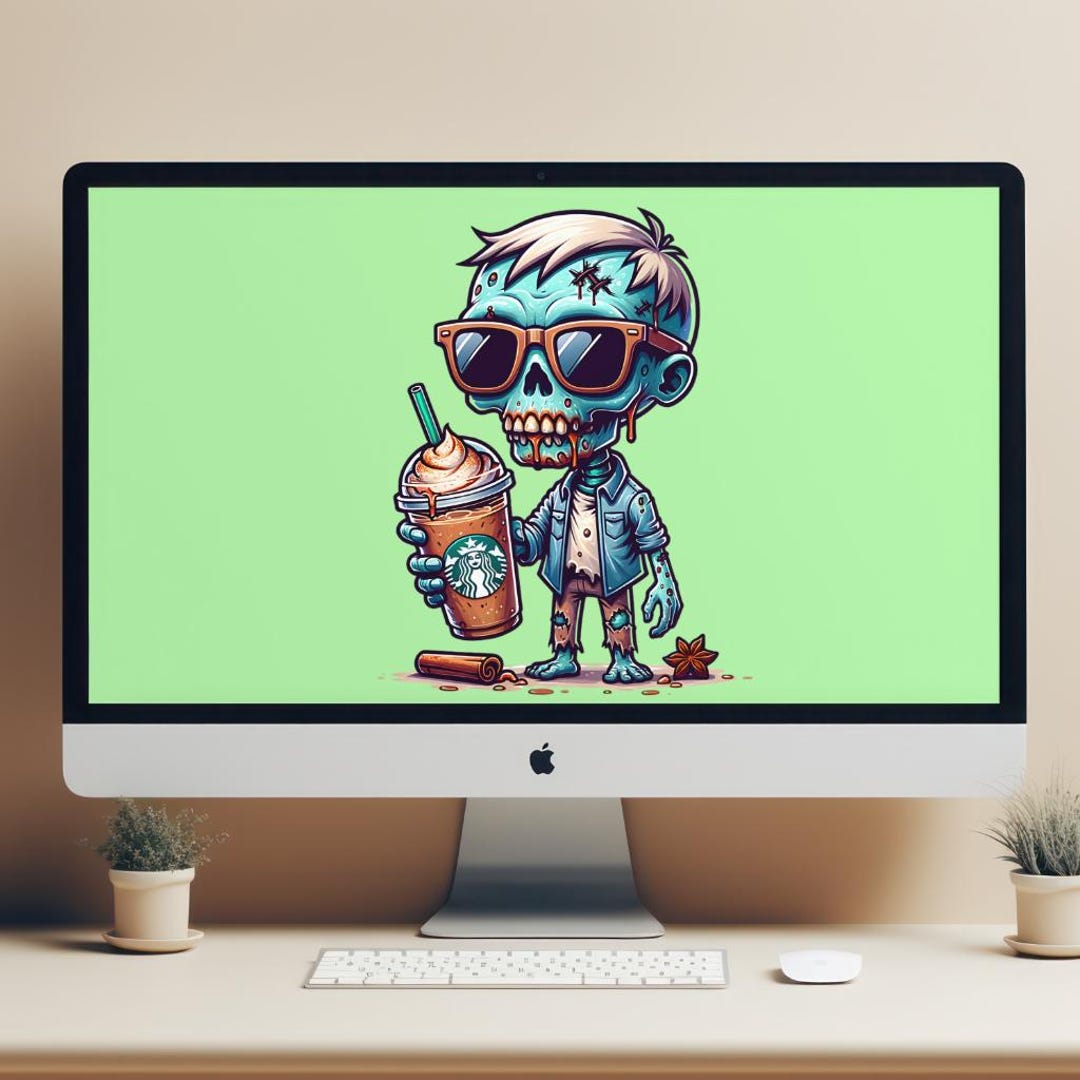 Zombie Drinking a Latte Clip Art PNG Halloween Print on Demand Design ...