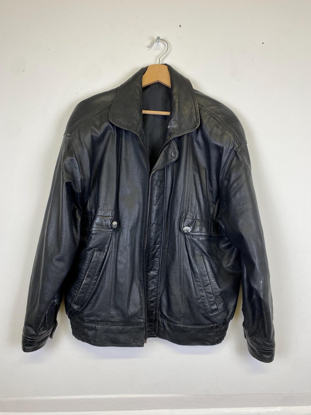 Vintage Leather Jacket – Black Real Leather Coat – Oversized 90s Jacket ...