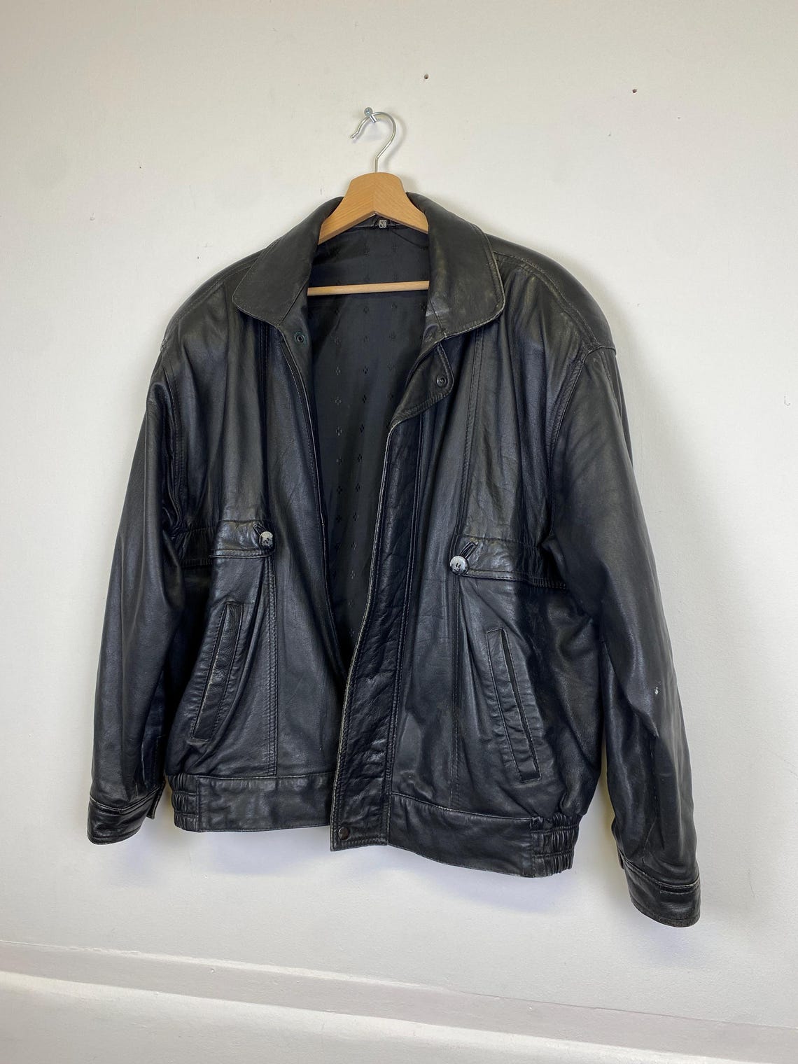 Vintage Leather Jacket – Black Real Leather Coat – Oversized 90s Jacket ...