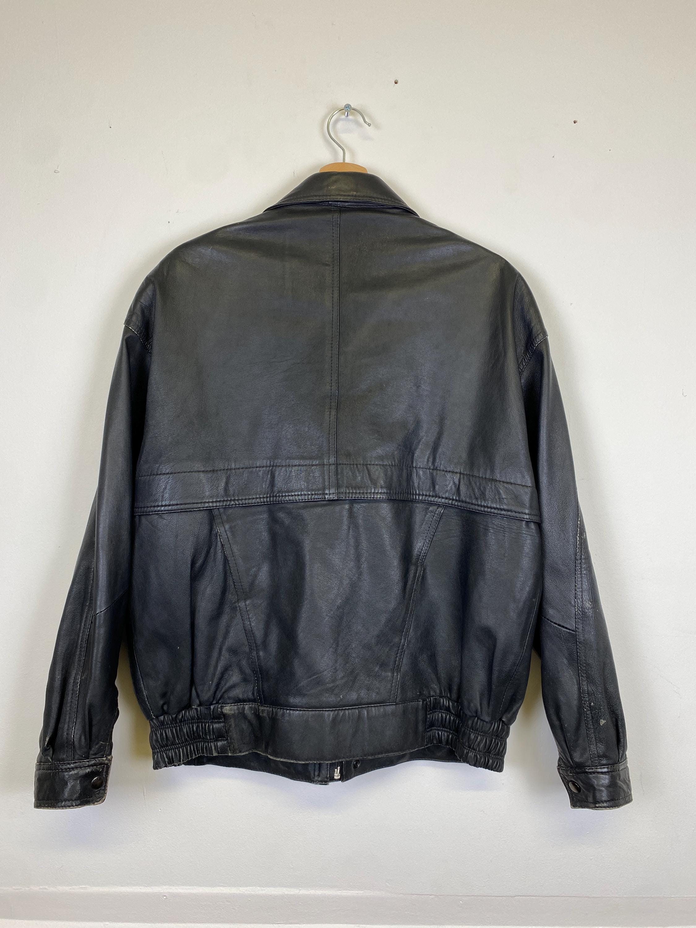 Vintage Leather Jacket – Black Real Leather Coat – Oversized 90s Jacket ...