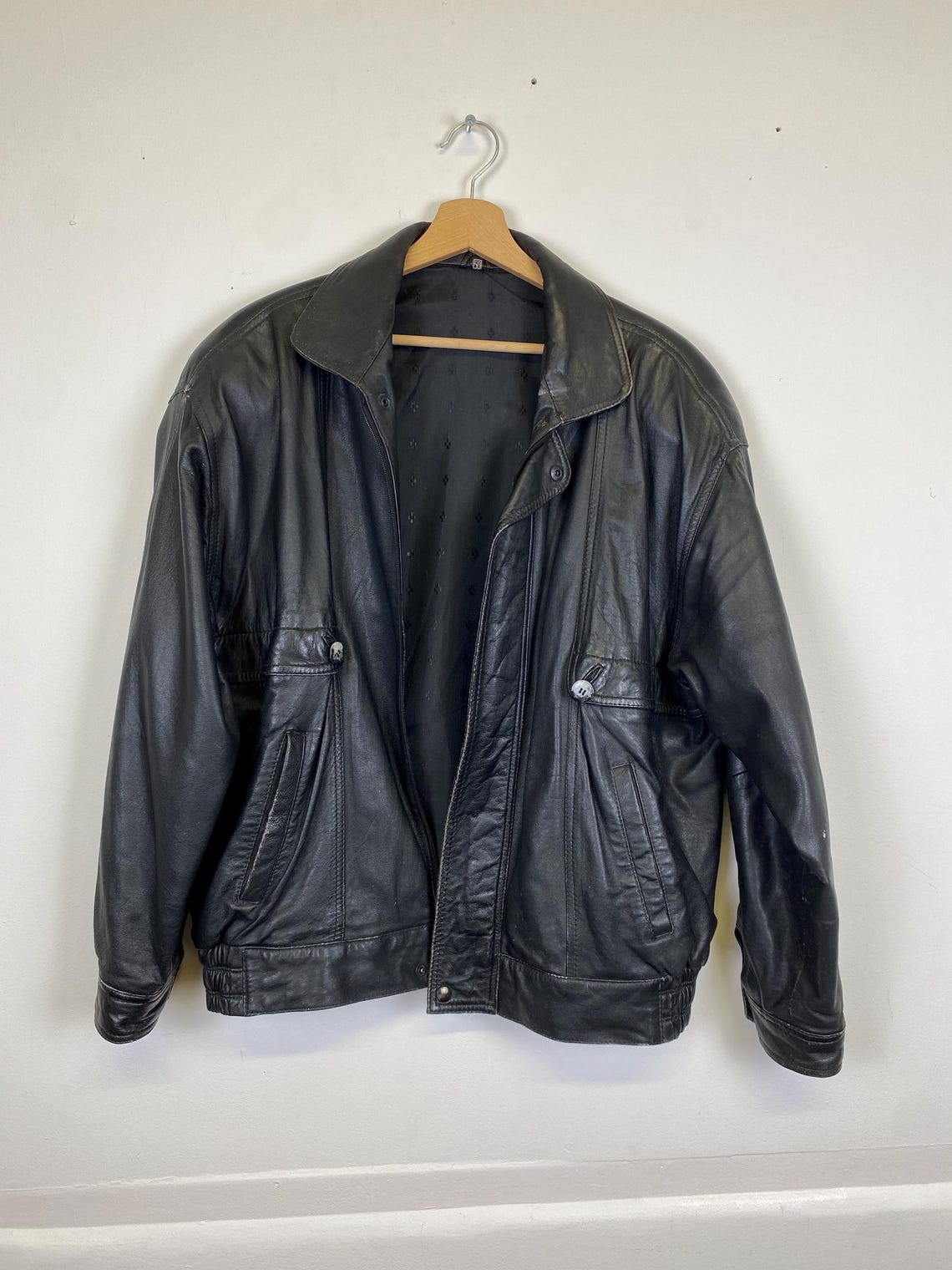 Vintage Leather Jacket – Black Real Leather Coat – Oversized 90s Jacket ...