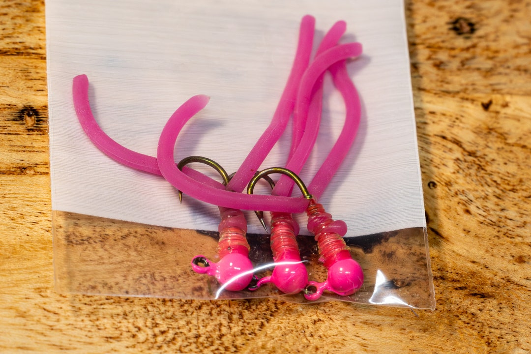 Panfish Jigs, Pink on Pink Rubbery Worm Type Jigs, 1 Package of 3 Jigs ...
