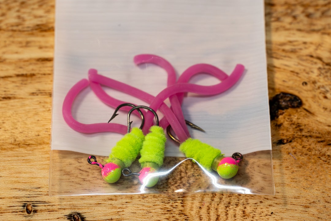 Pink and Chartruese Panfish and Crappie Worm Style Jigs, 1 Package of 3 ...