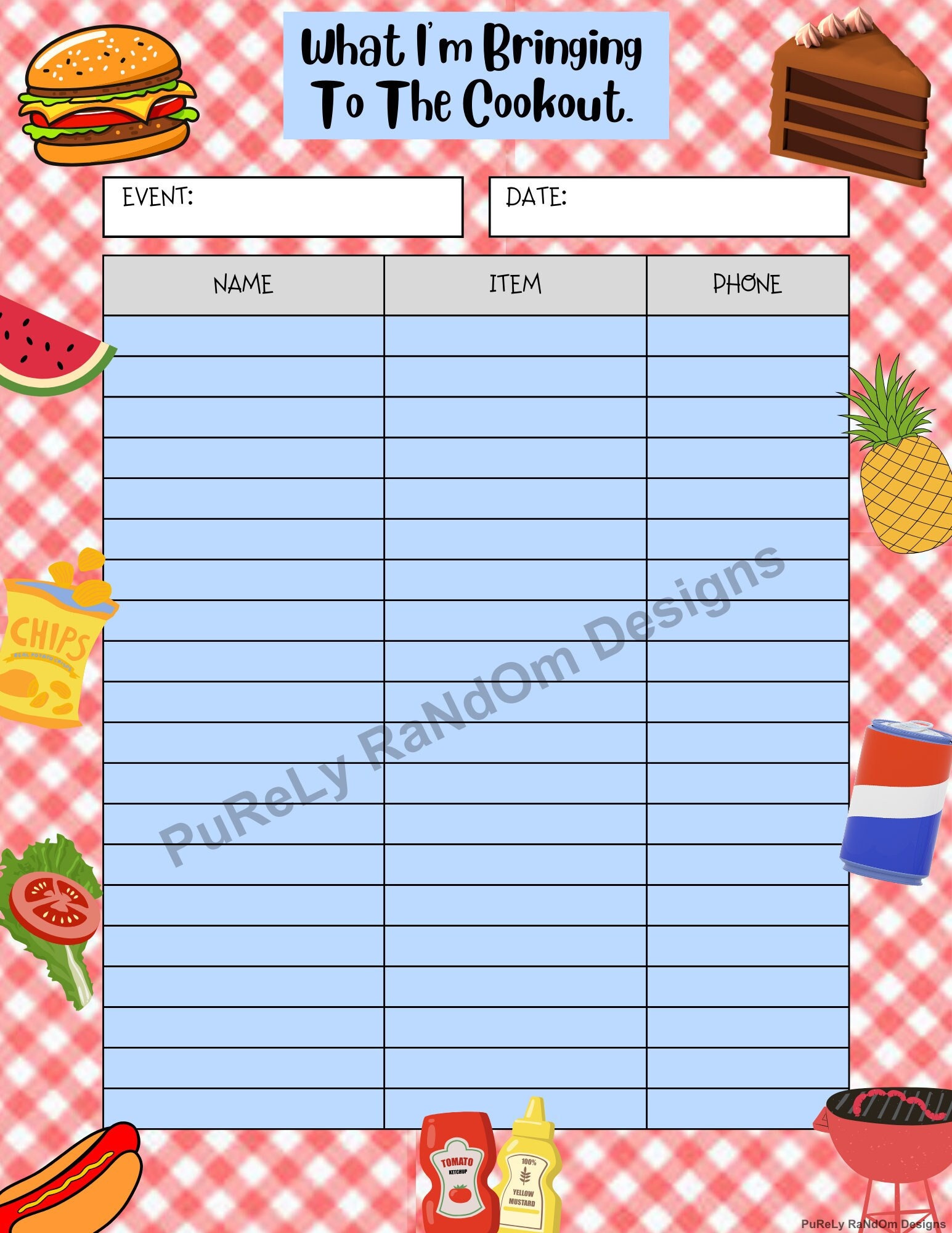 BBQ Cookout Sign up Sheet | Instant PDF Download - Editable Template in ...