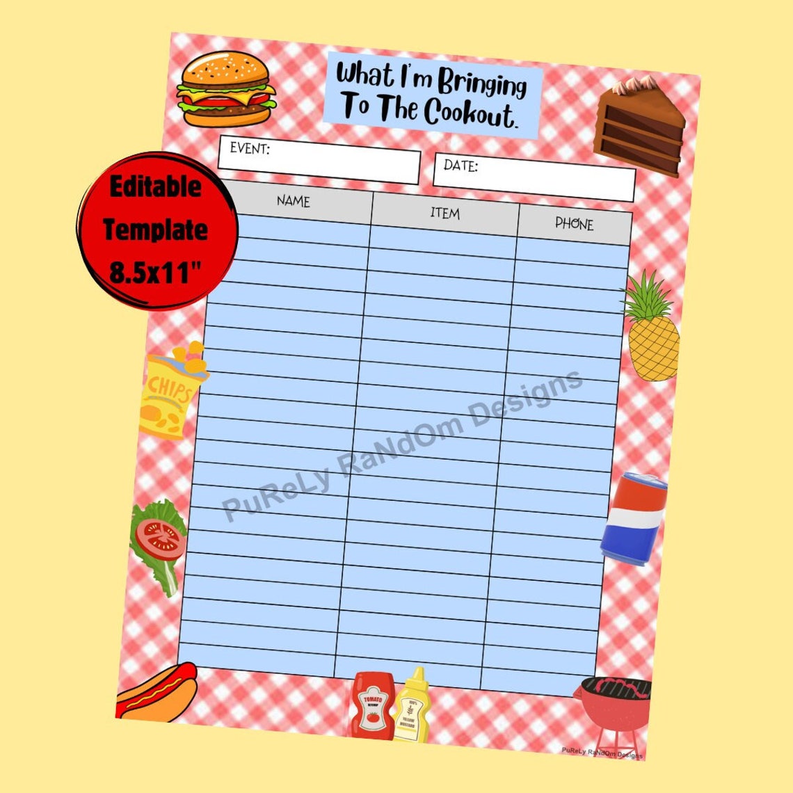 BBQ Cookout Sign up Sheet | Instant PDF Download - Editable Template in ...